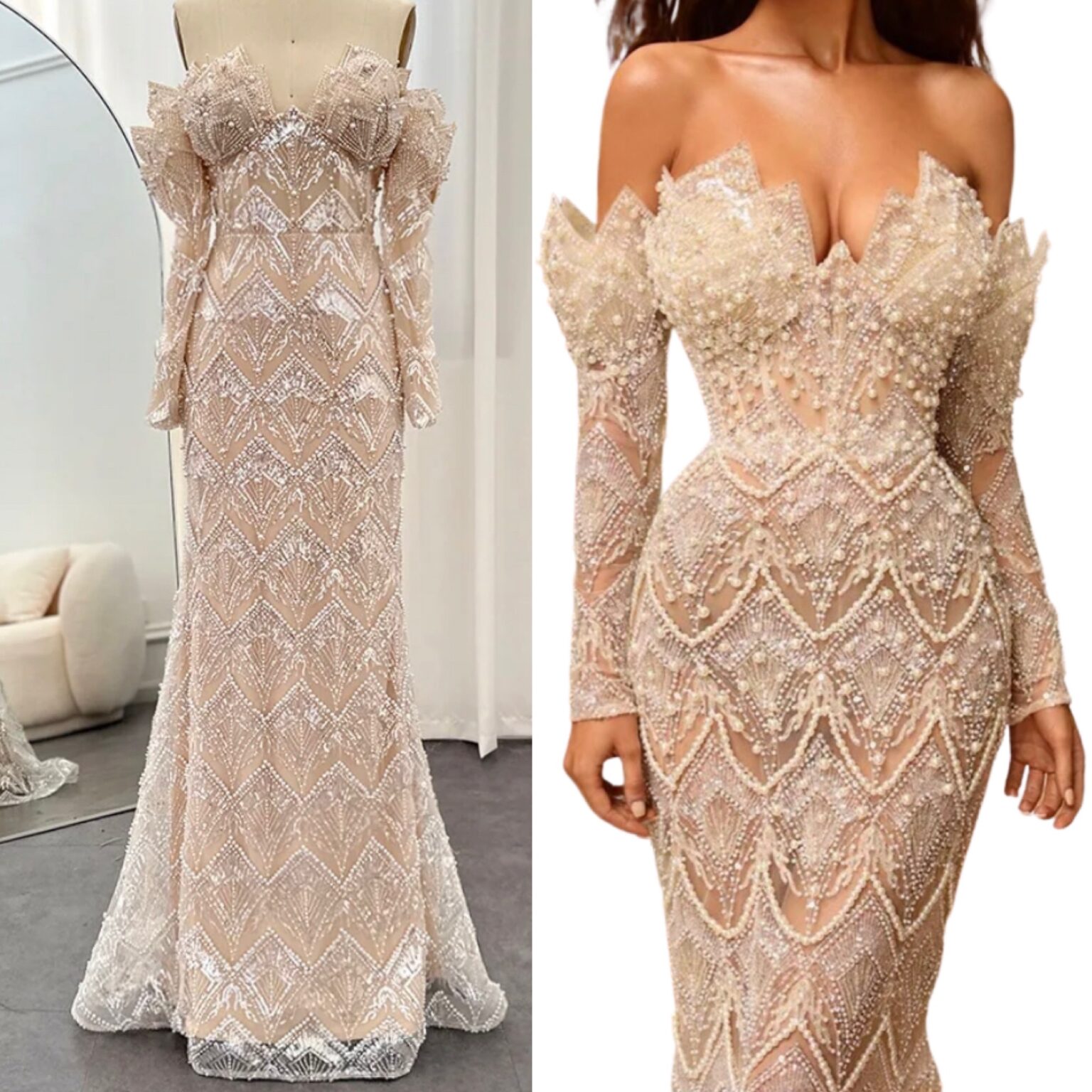 Champagne Off Shoulder Pearl Embellished Bridal Evening Gown - Evening ...