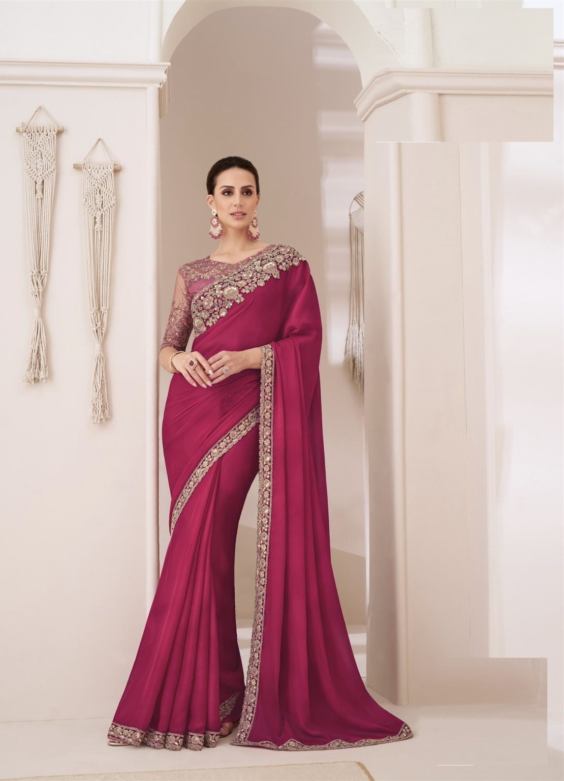 Cherry Sartin Chiffon Saree in Burgendy Color - Sarees Designer Collection