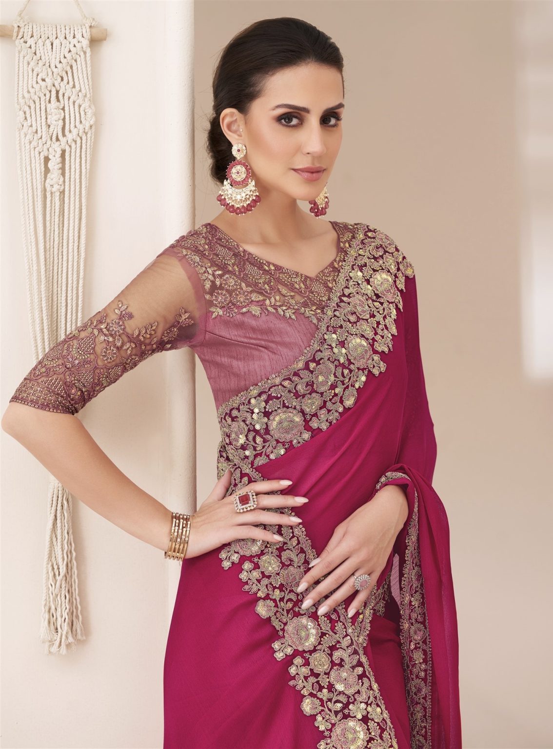Cherry Sartin Chiffon Saree in Burgendy Color - Sarees Designer Collection