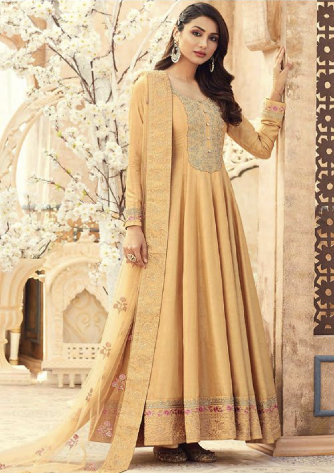 Apricot Embroidered Dola Silk Anarkali Suit Salwar Kameez Designer
