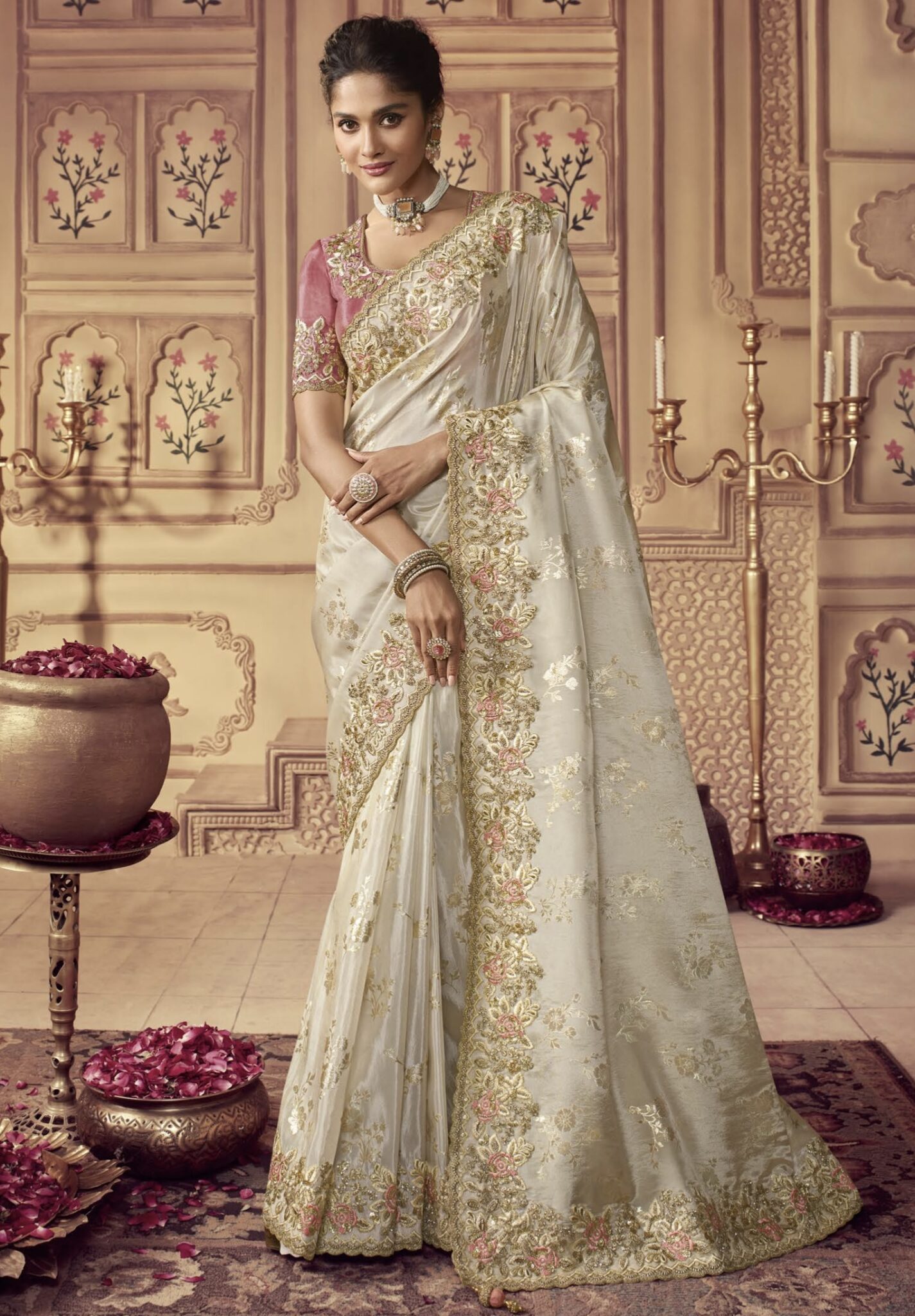 White Fancy Silk Wedding Party Wear Saree - Sarees Designer Collection