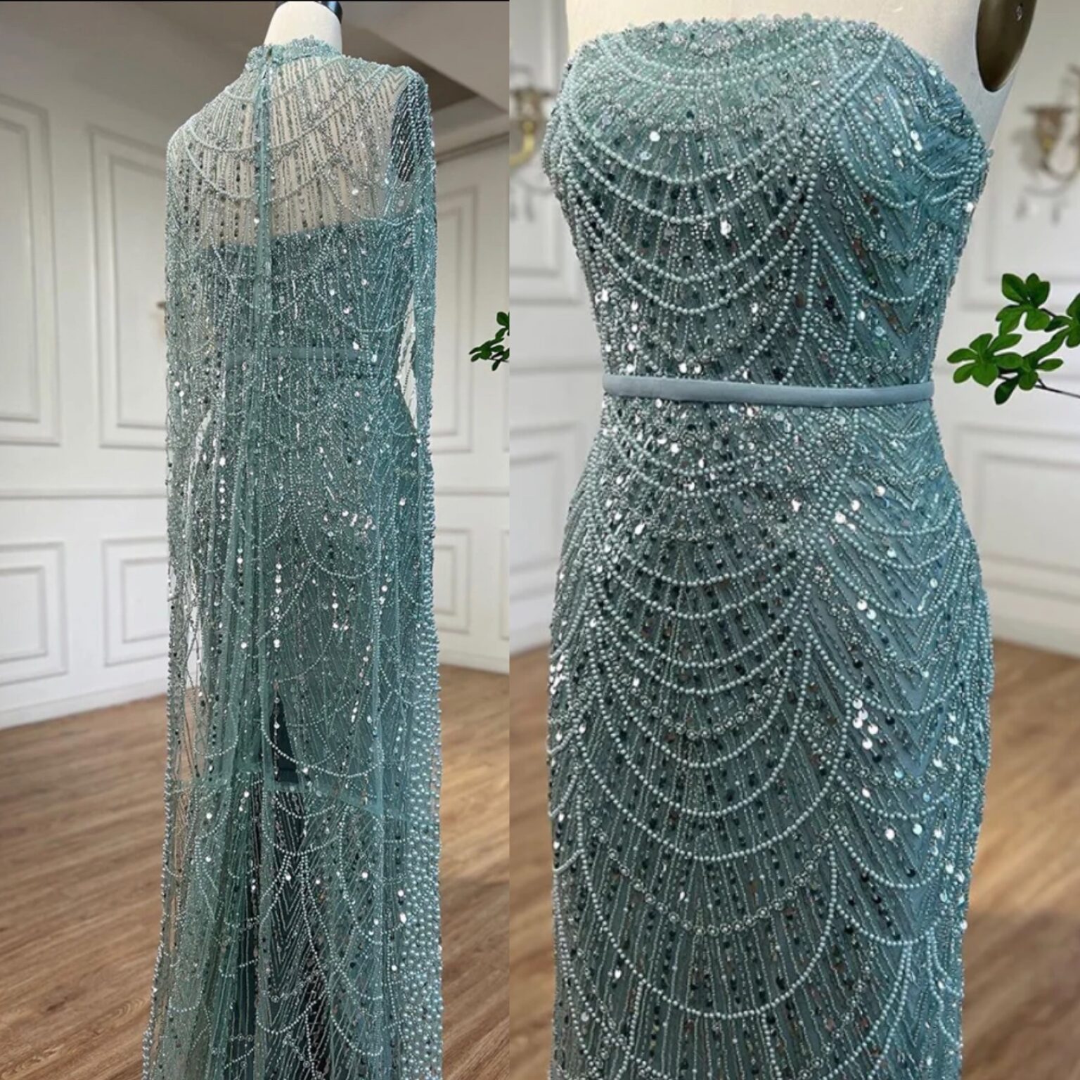 High Neck Cape Style Heavily Beaded Evening Dress - Made To Order ...