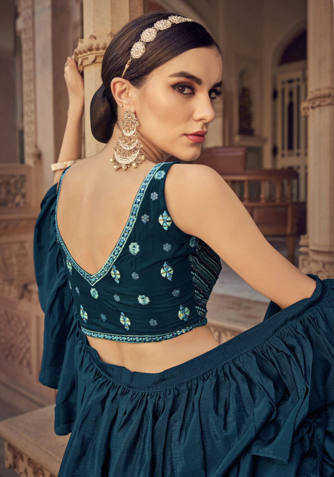 Navy Chinon Silk Ruffled Lehenga Choli - Lehengas Designer Collection