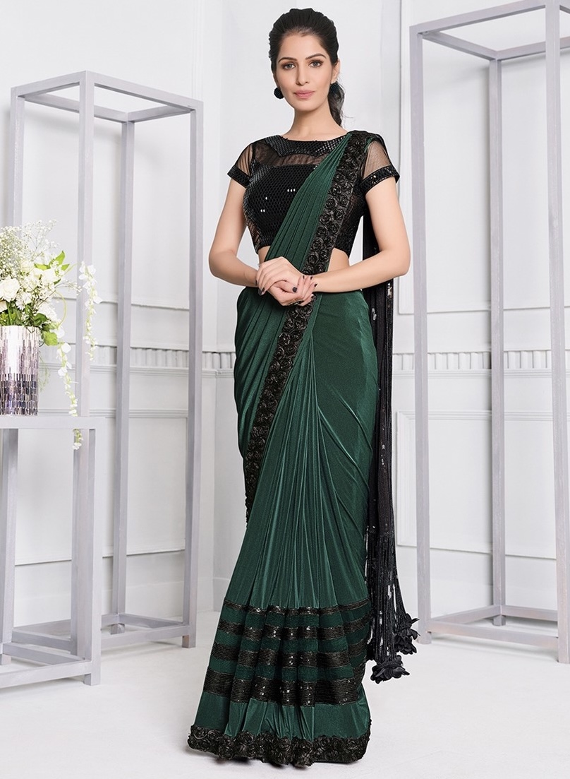 Green Lycra Pre Pleated Designer Saree Sarees Designer Collection