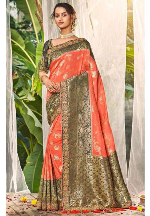 Peach & Grey Dola Silk Wedding Saree - Sarees Designer Collection Peach & Grey Dola Silk Wedding Saree - Sarees Designer Collection