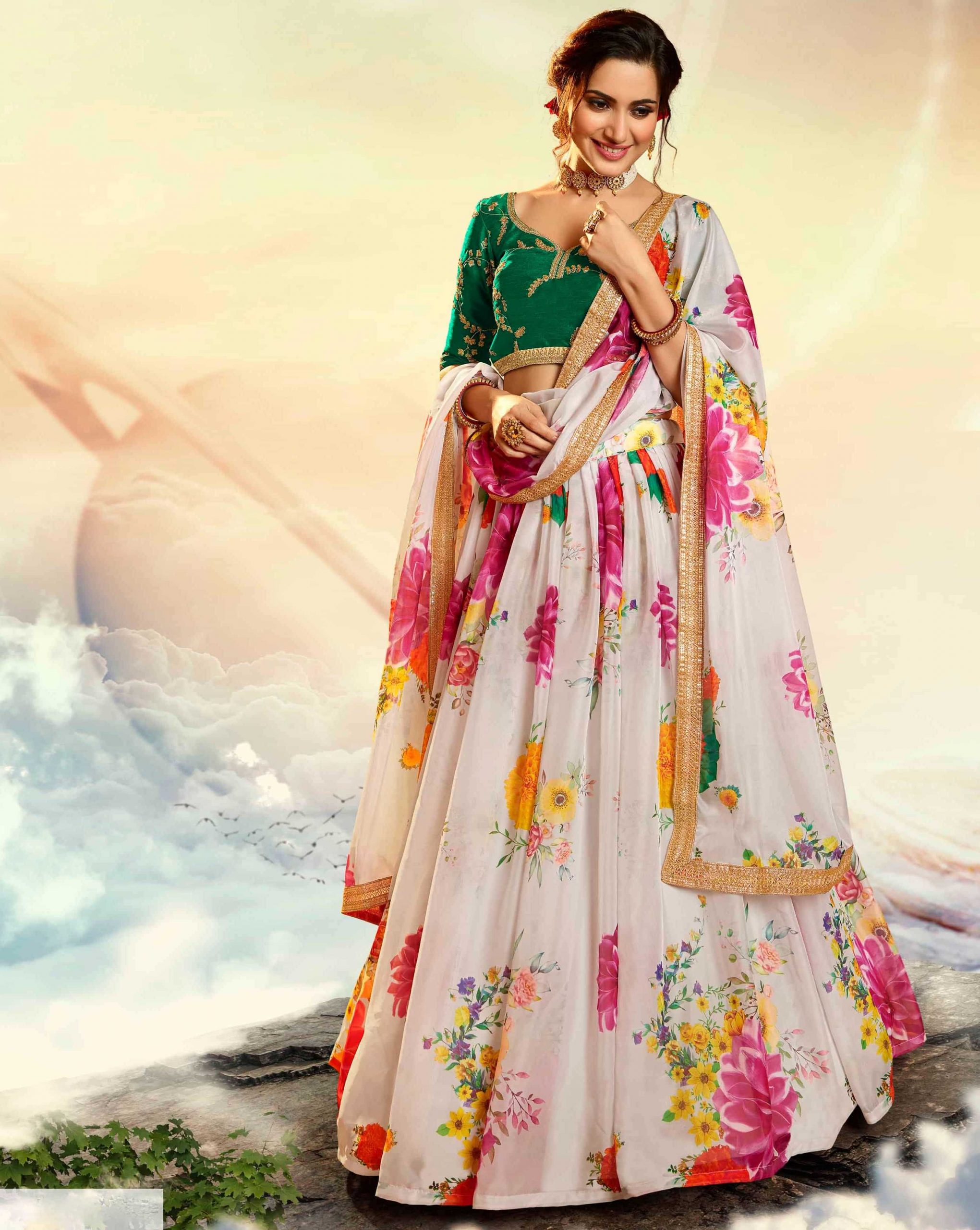 White Organza Floral Print Lehenga Choli Lehengas Designer Collection