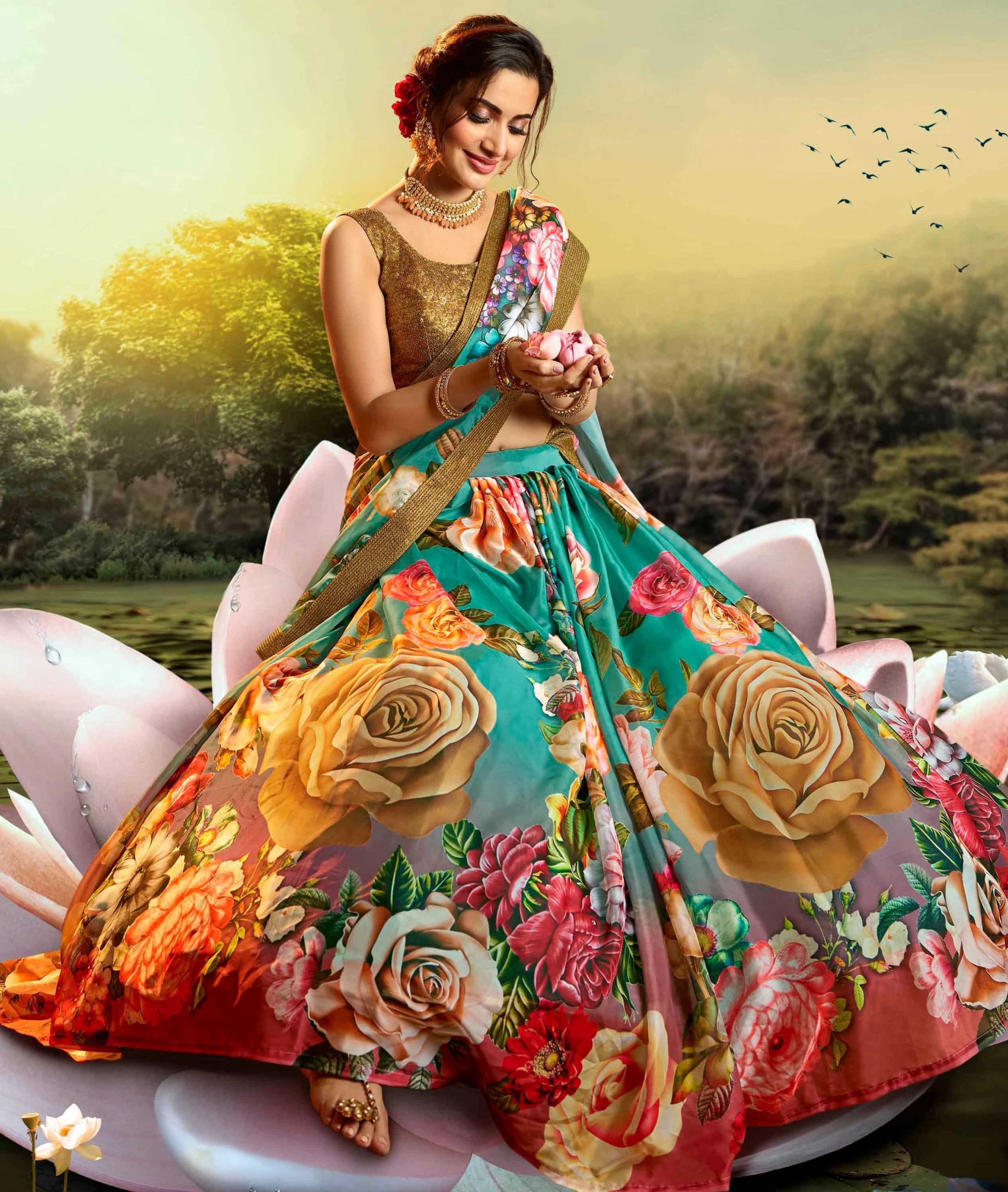 Multicolour Organza Floral Print Lehenga Choli Lehengas Ready To