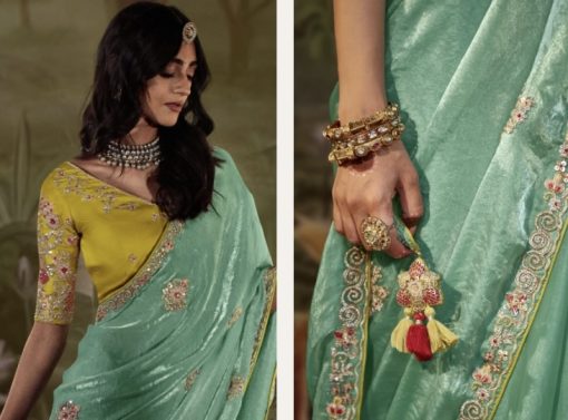 Turquoise Coloured Embroidered Wedding Saree - Sarees Designer Collection
