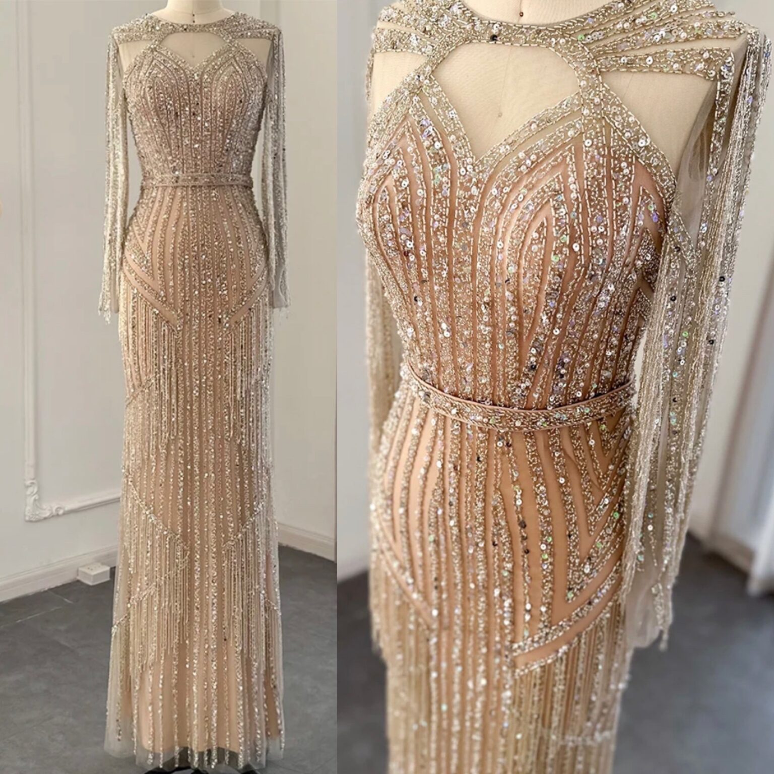Luxury Modest Silver Embellished Long Sleeve Evening Gown - Evening ...