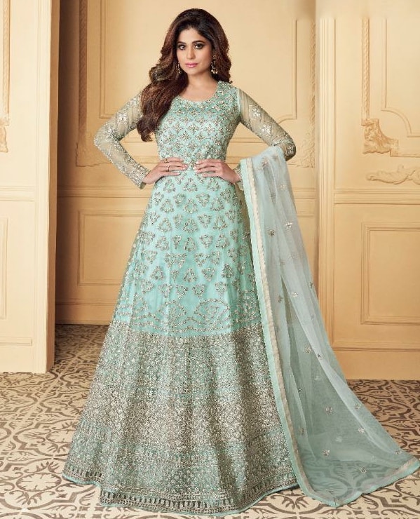 Icy Blue Net Embroidered Anarkali Suit - Salwar Kameez Designer Collection Icy Blue Net Embroidered Anarkali Suit - Salwar Kameez Designer Collection
