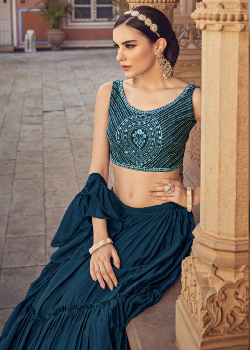 Navy Chinon Silk Ruffled Lehenga Choli - Lehengas Designer Collection