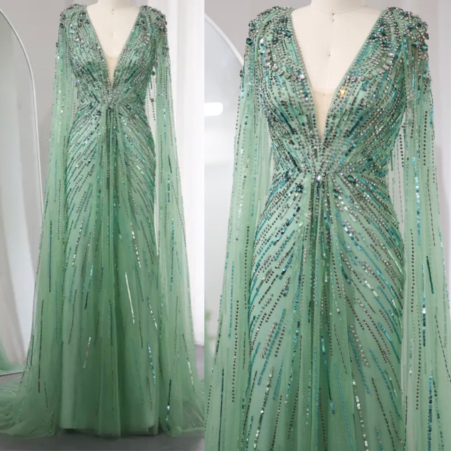 Cape Sleeve Embellished Evening Gown - Evening Dresses, Made To Order ...