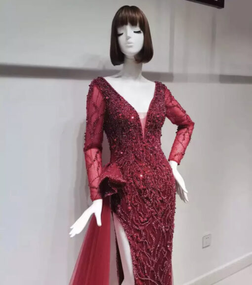 Ruby Red Front Slit Beaded Evening Gown Dress - Evening Dresses, Made ...