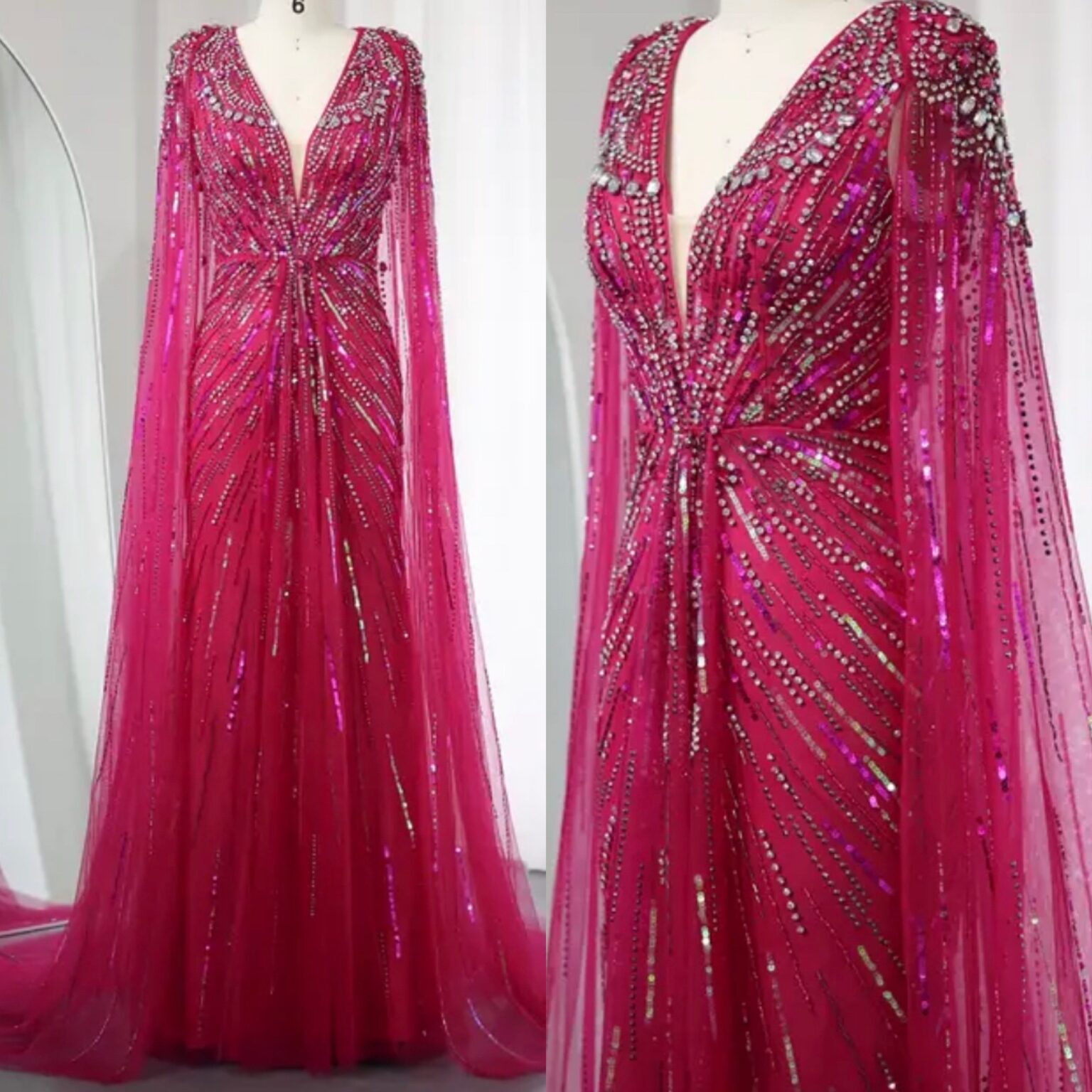 Cape Sleeve Embellished Evening Gown - Evening Dresses, Made To Order ...