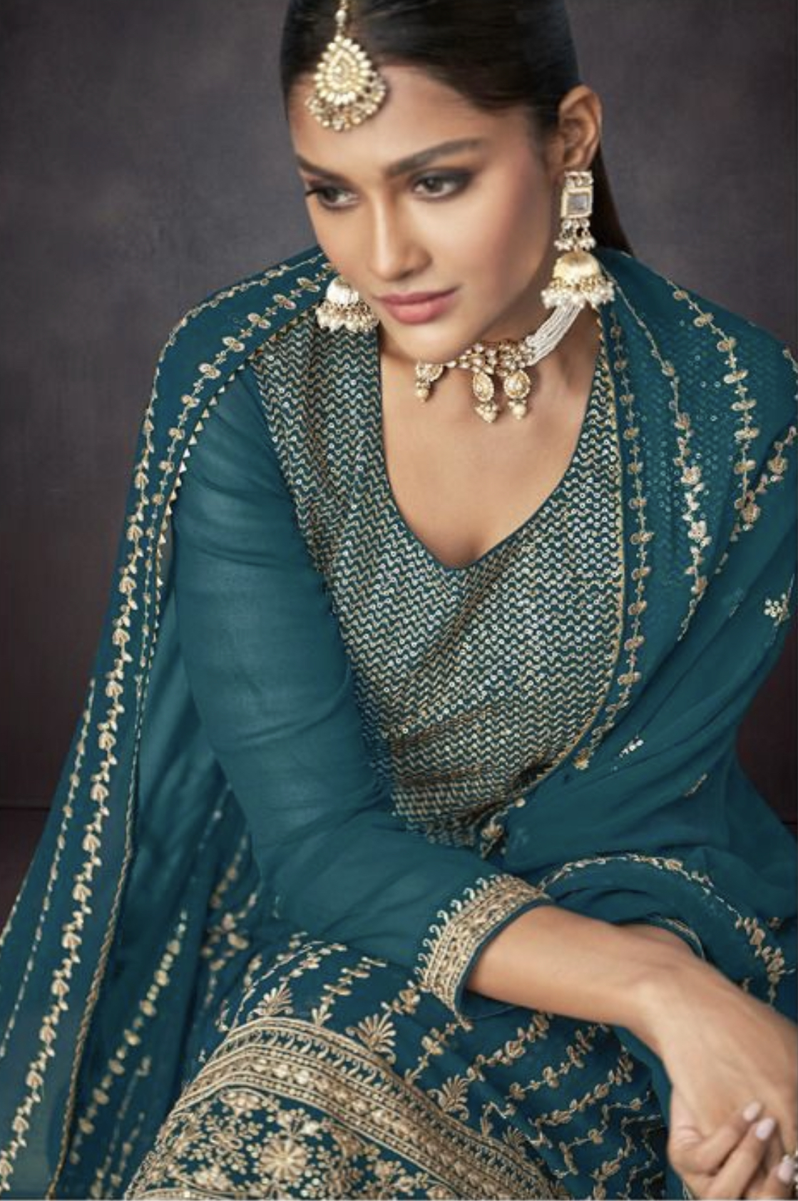 Teal Georgette Palazzo Suit Salwar Kameez Designer Collection Teal Georgette Palazzo Suit Salwar Kameez Designer Collection