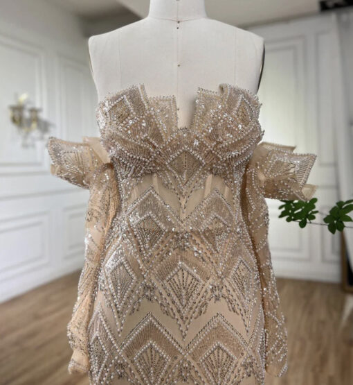 Champagne Off Shoulder Pearl Embellished Bridal Evening Gown - Evening ...