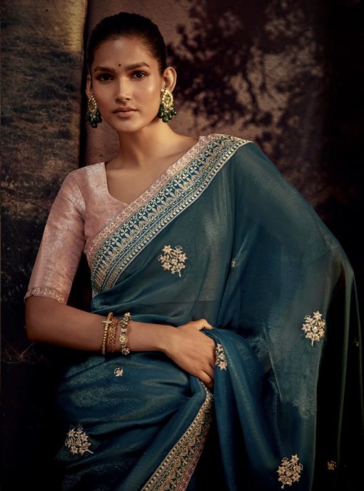 Blue Fancy Fabric Embroidered Wedding Saree - Sarees Designer Collection
