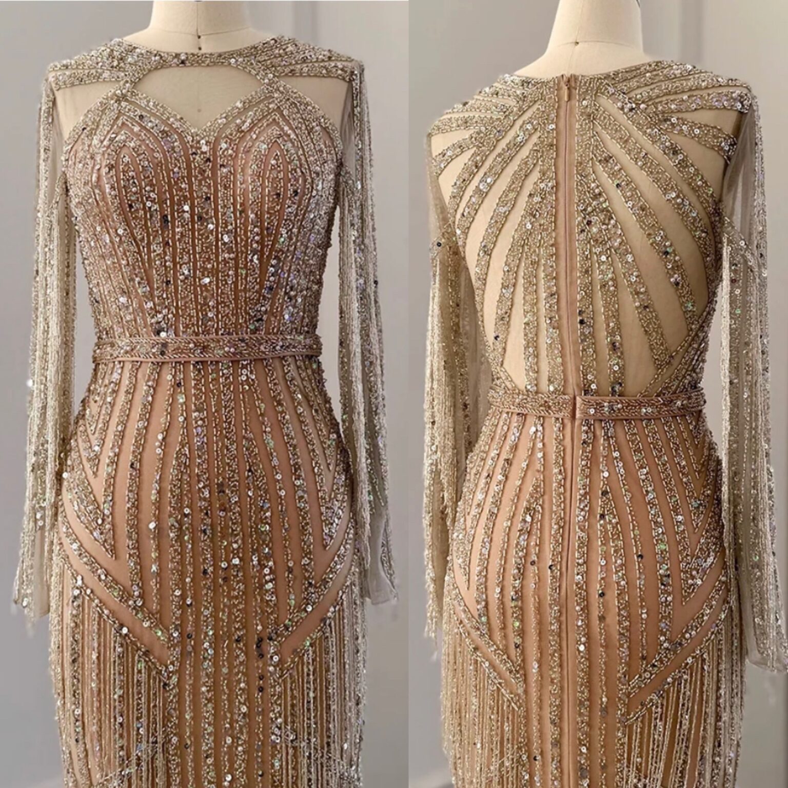 Luxury Modest Silver Embellished Long Sleeve Evening Gown - Evening ...