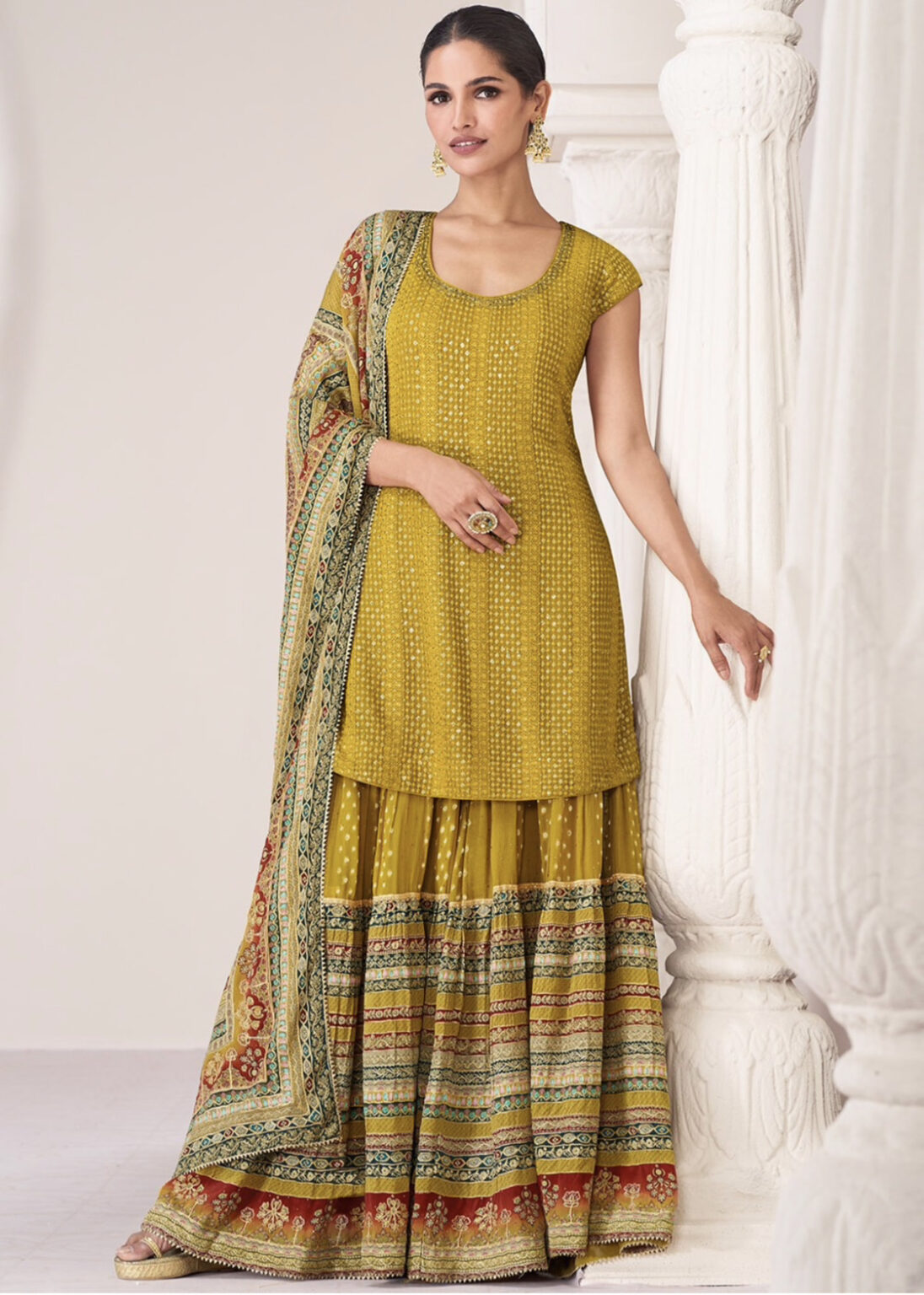 Yellow Silk Embroidered Traditional Sharara Suit - Salwar Kameez ...