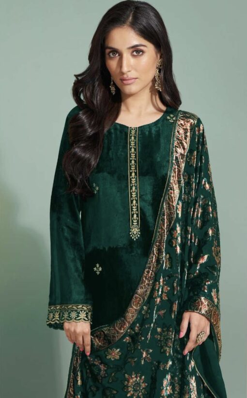 Green Velvet Embroidered Pant Suit - Salwar Kameez Designer Collection