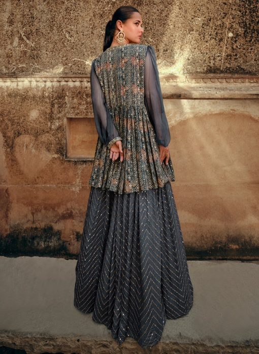 Slate Grey Chinnon Silk Jacket Style Designer Lehenga Choli - Lehengas ...