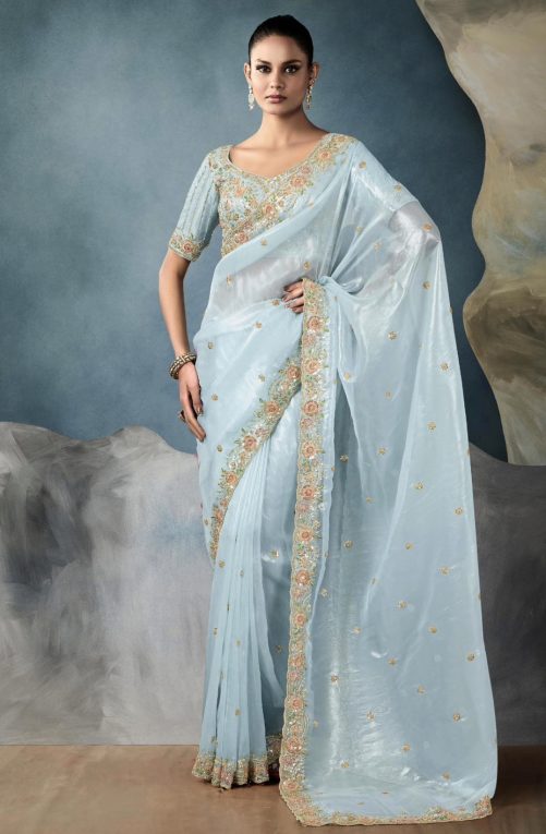 Powder Blue Embroidered Tissue Wedding Saree - Sarees Designer Collection