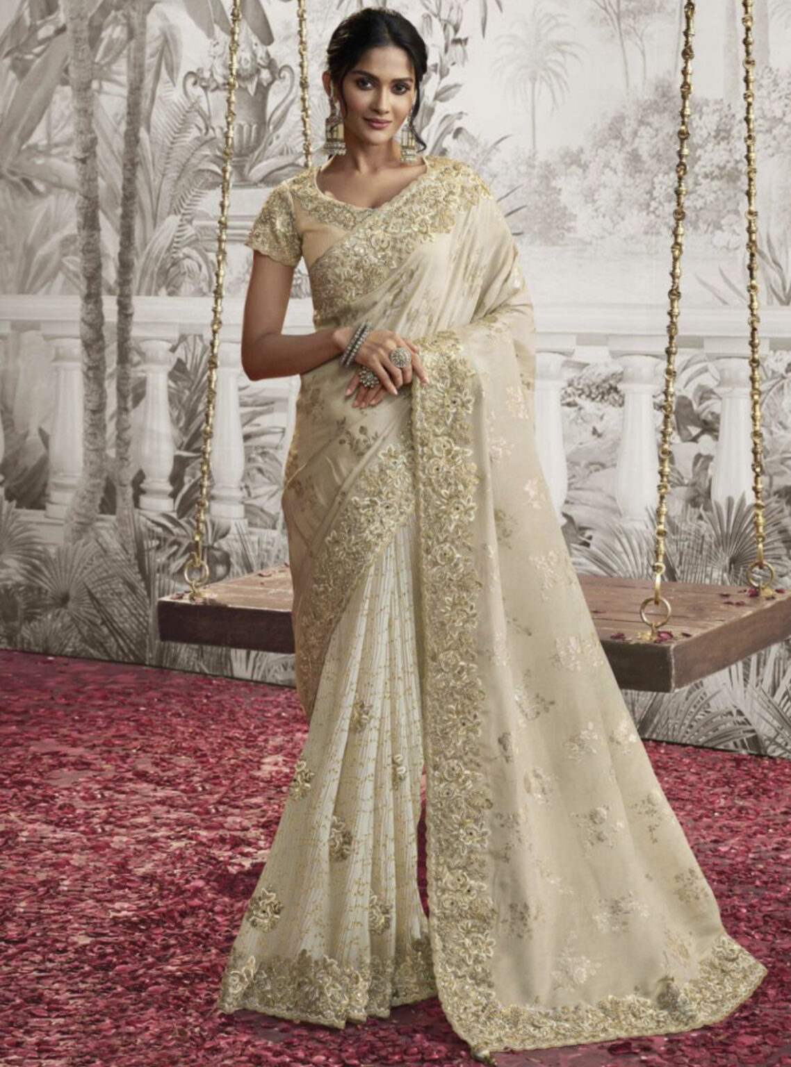 Off White Fancy Silk Wedding Reception Wear Saree - Sarees Designer ...