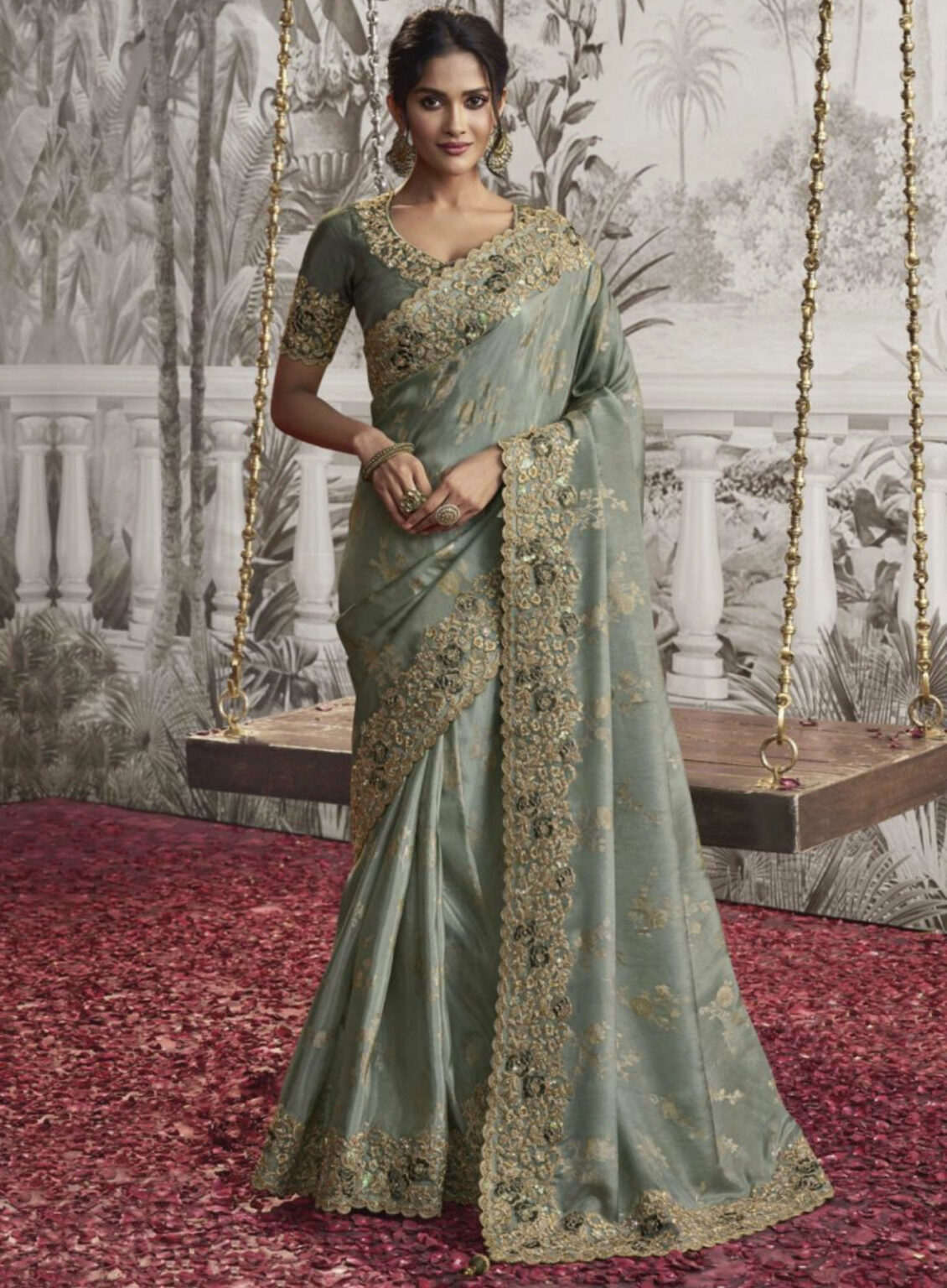 Green Fancy Silk Wedding Reception Wear Saree - Sarees Designer Collection