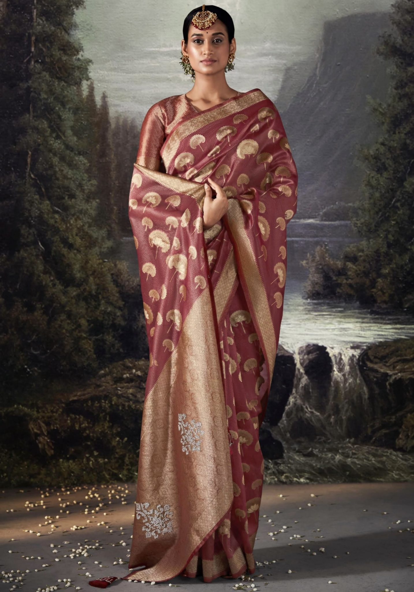 Rose Embroidered Banarasi Wedding Saree - Sarees Designer Collection