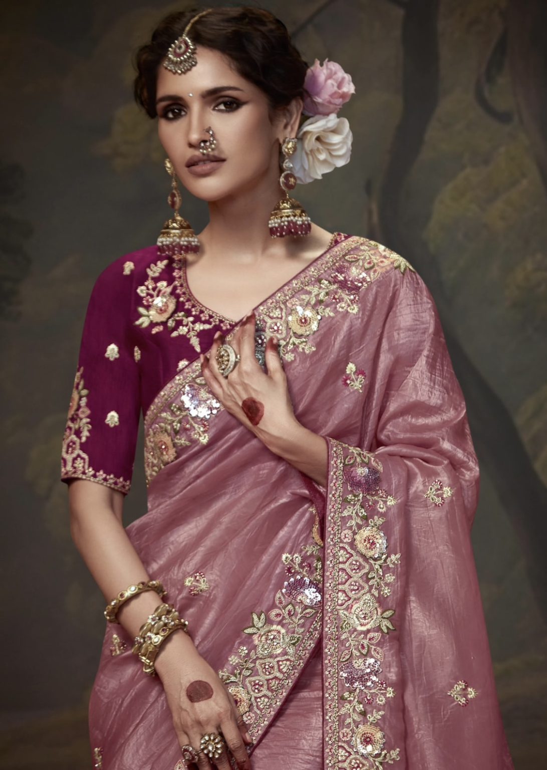 Rose Pink Embroidered Wedding Saree - Sarees Designer Collection