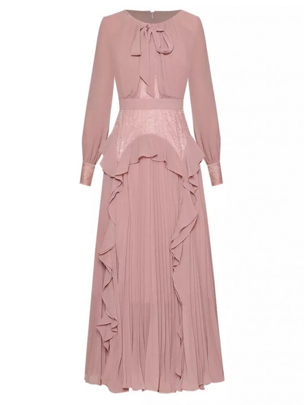 Runway Pink Bow Tie Ruffle Midi Dress - Readymade Dress Designer Collection